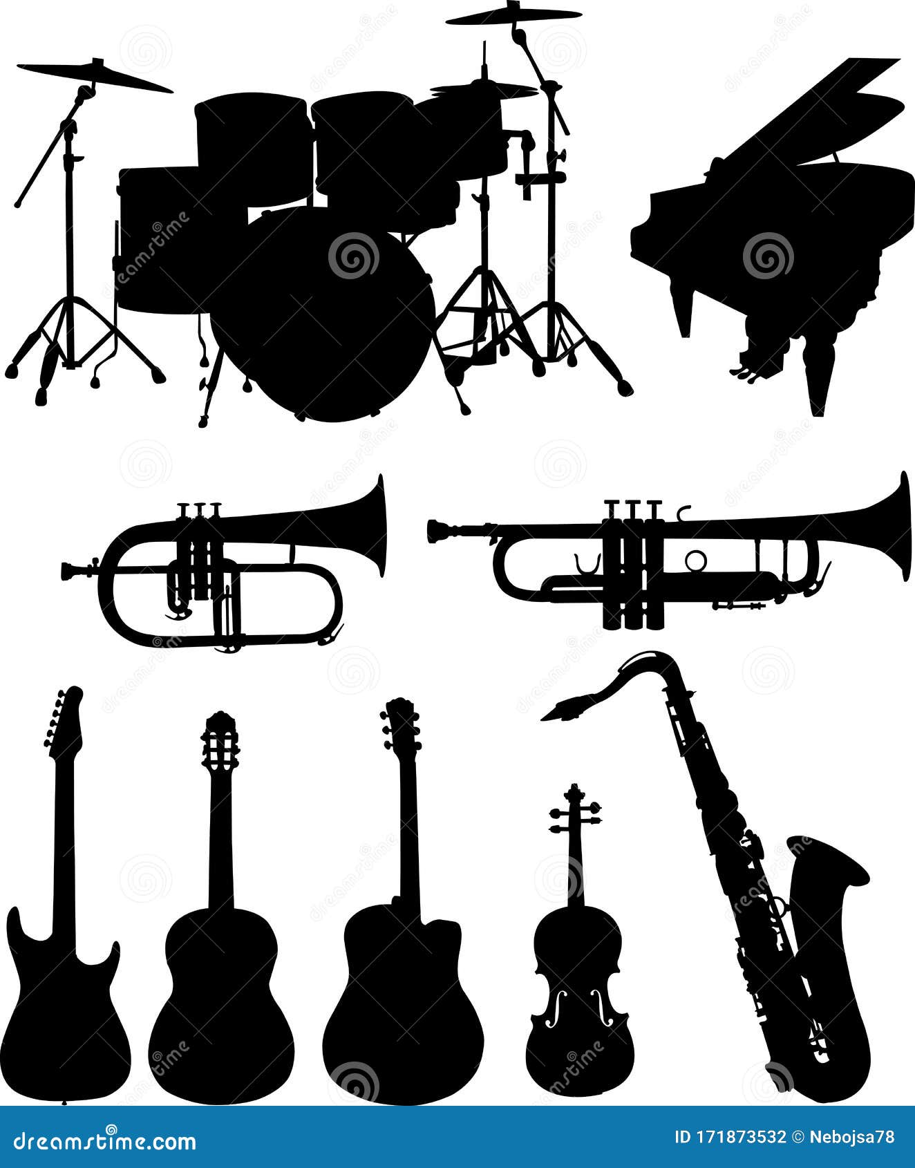 Musical Instruments Silhouettes Collection Stock Vector - Illustration ...