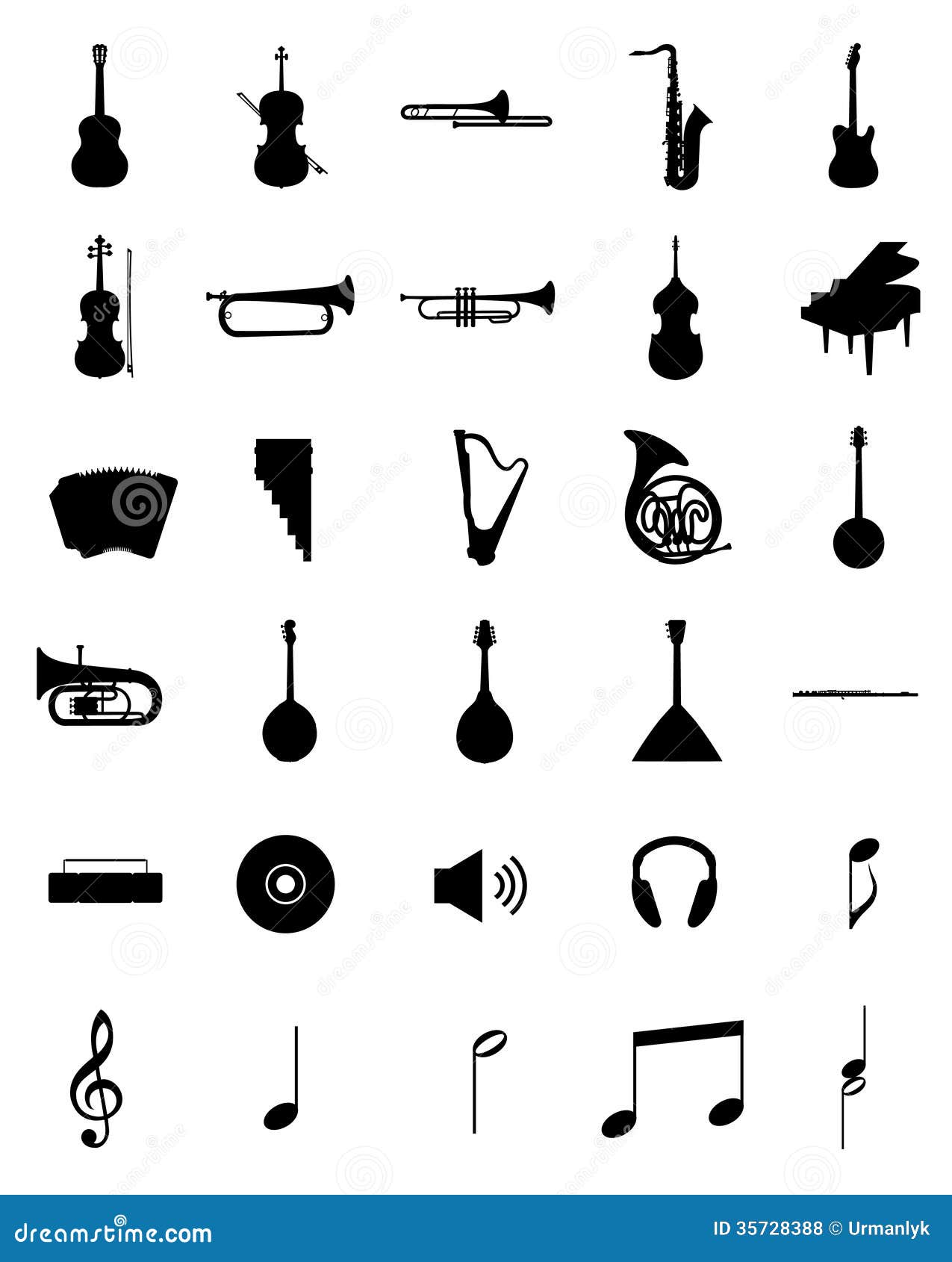 Musical Instruments Siluets Set Stock Vector - Illustration of loud ...