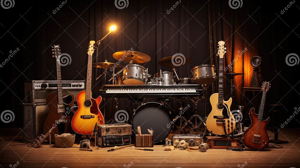 Musical Instruments on Stage, Ready for the Gig Stock Image - Image of ...