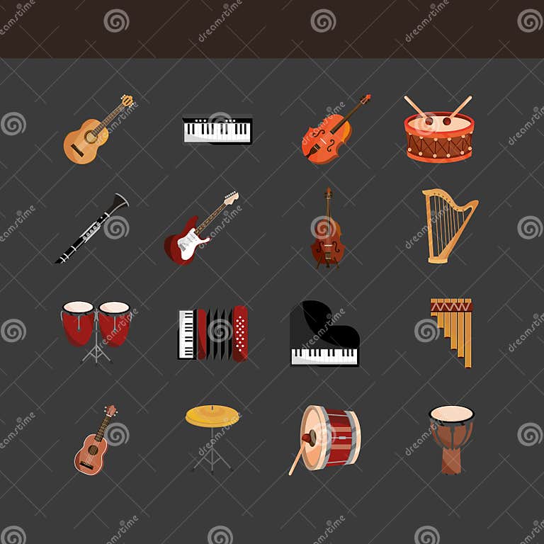 Musical Instruments String Wind Percussion Icons Set Dark Background ...
