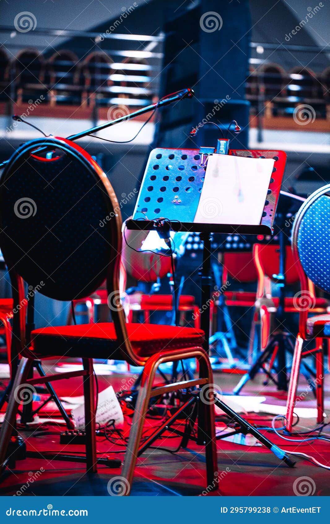 Musical Music Stand on Stage. Scattered Sheets of Music on the Floor ...