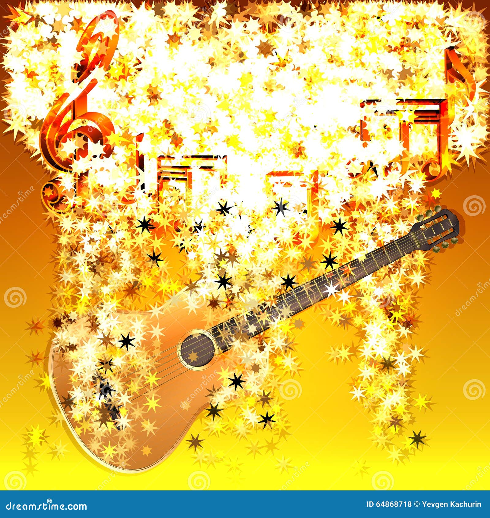 Musical Notes in a Cloud of Stars and Guitar Stock Vector ...