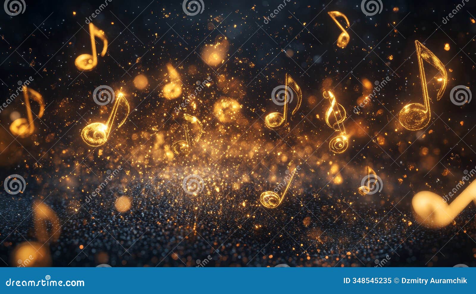 Musical Notes Create Air Movement with Bokeh Light Particles on a Black ...