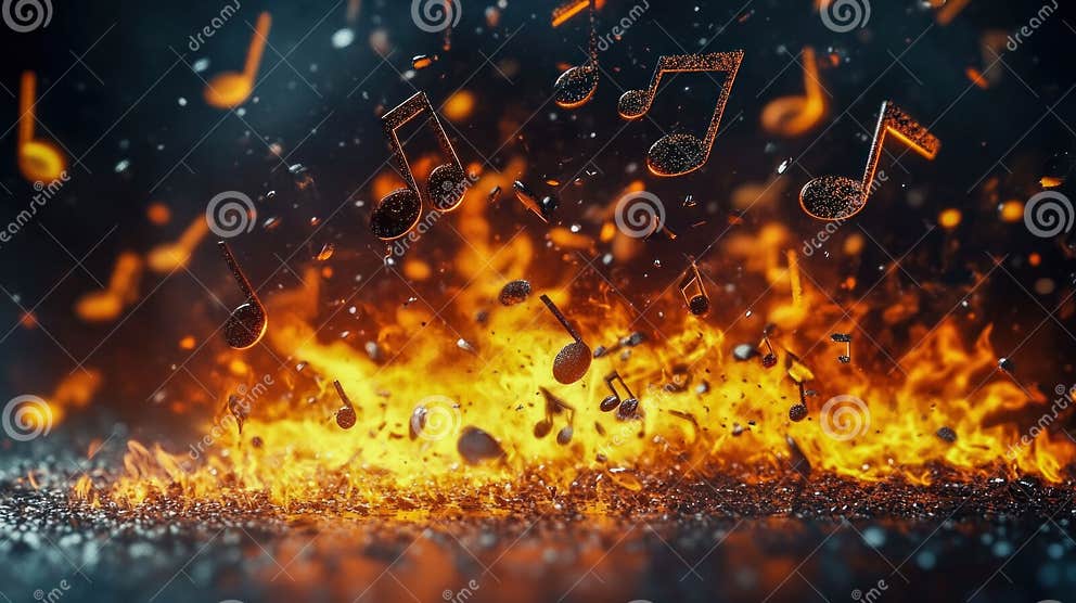 Musical Notes Exploding in Fiery Background. Generative Ai Stock ...