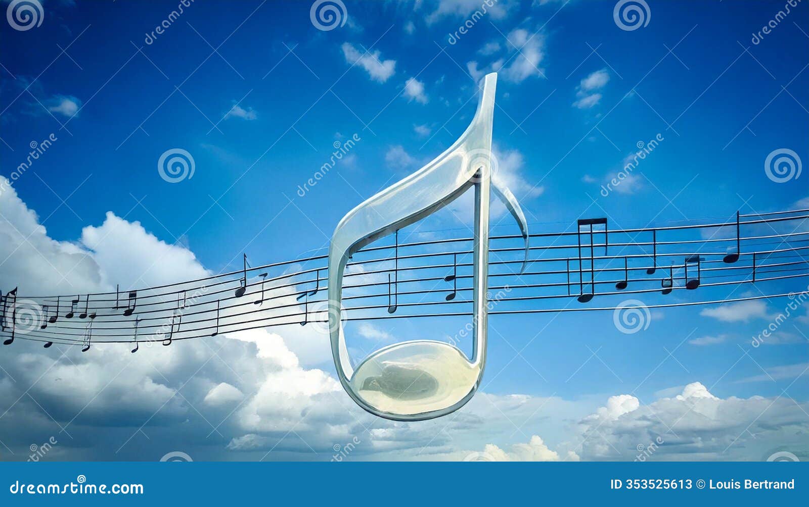 GENERATED IMAGE IA Musical Notes Flowing on a Staff in the Cloudy Sky ...