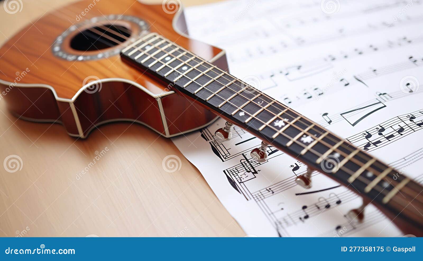 Musical Notes and Guitar Neck on White Wooden Background. AI Generative ...