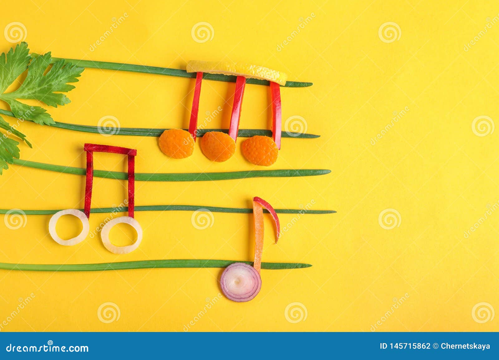 Musical Notes Made of Vegetables and Fruits on Color Background, Top ...