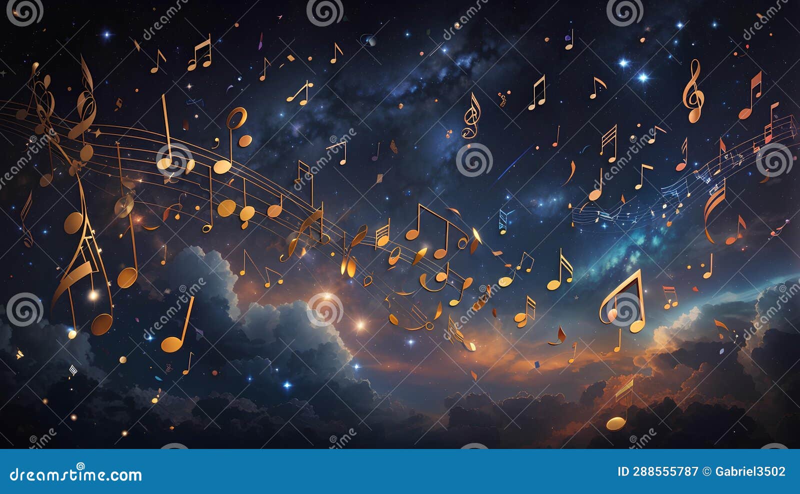 Musical Notes in Space with Clouds and Stars Stock Image - Image of ...