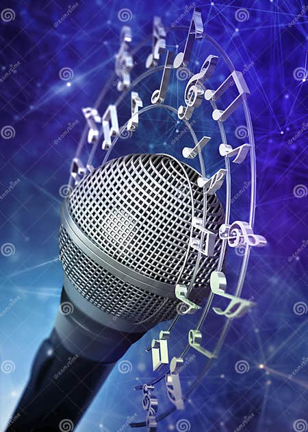 Musical Notes and Symbols Around the Microphone. 3D Illustration Stock ...