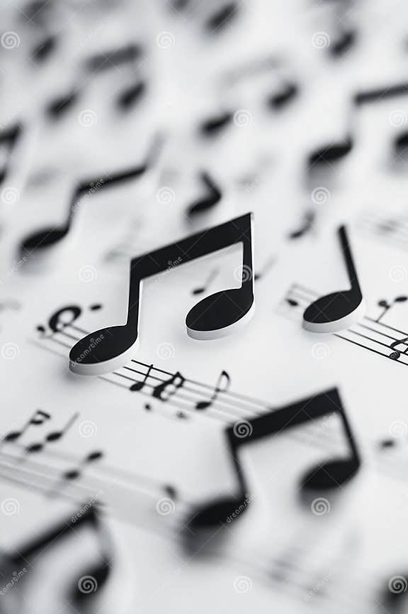 Musical Notes in Undulating Motion Flowing into Sounds on a White ...