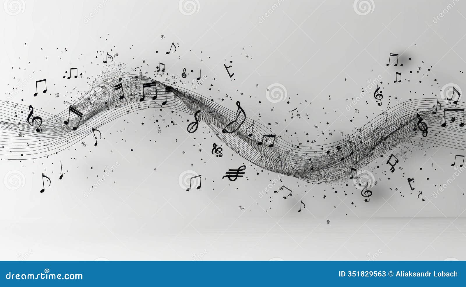 Musical Notes in Undulating Motion Flowing into Sounds on a White ...