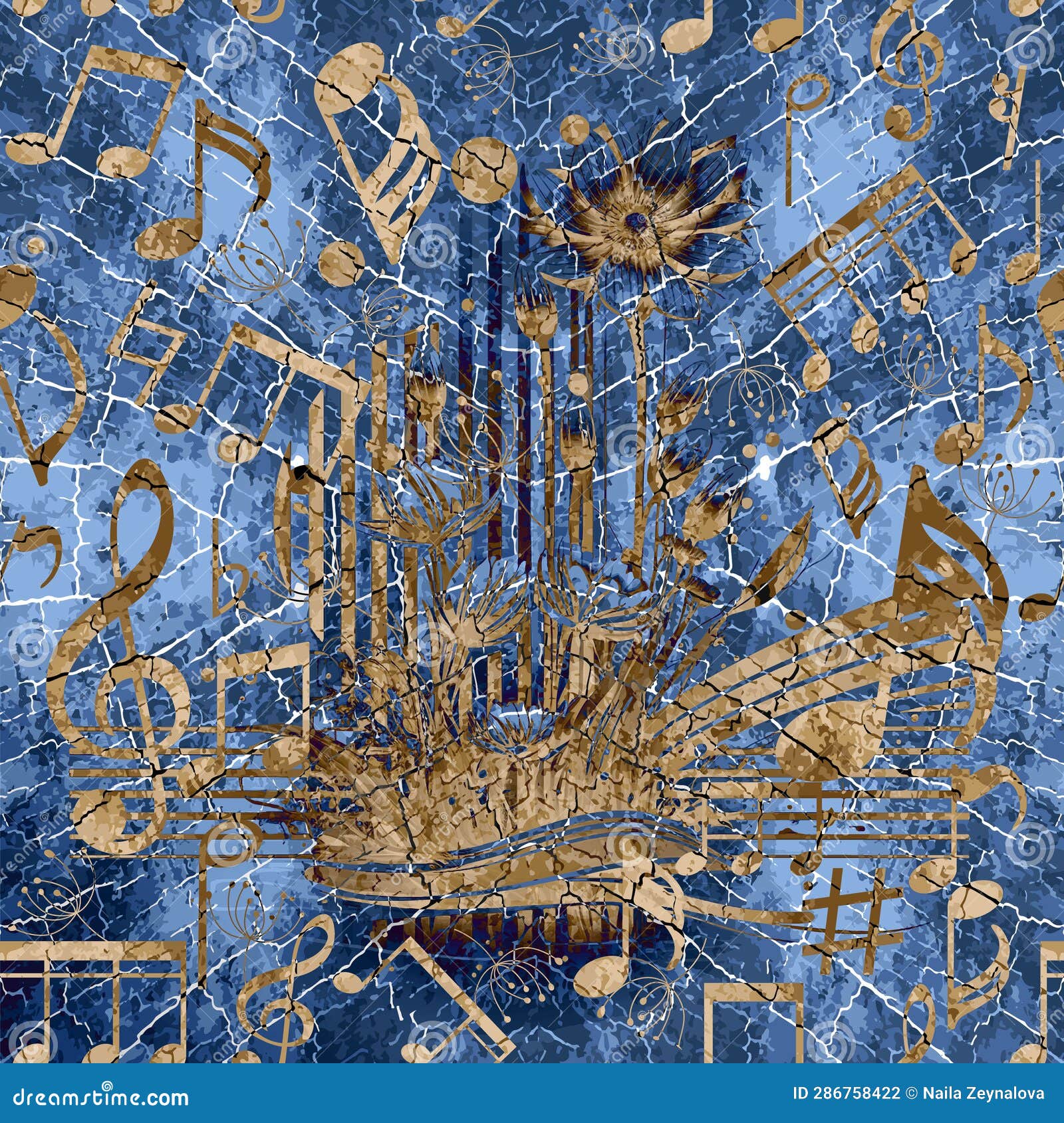 Musical Notes Vector Seamless Pattern. Crack Grunge Textured Background ...