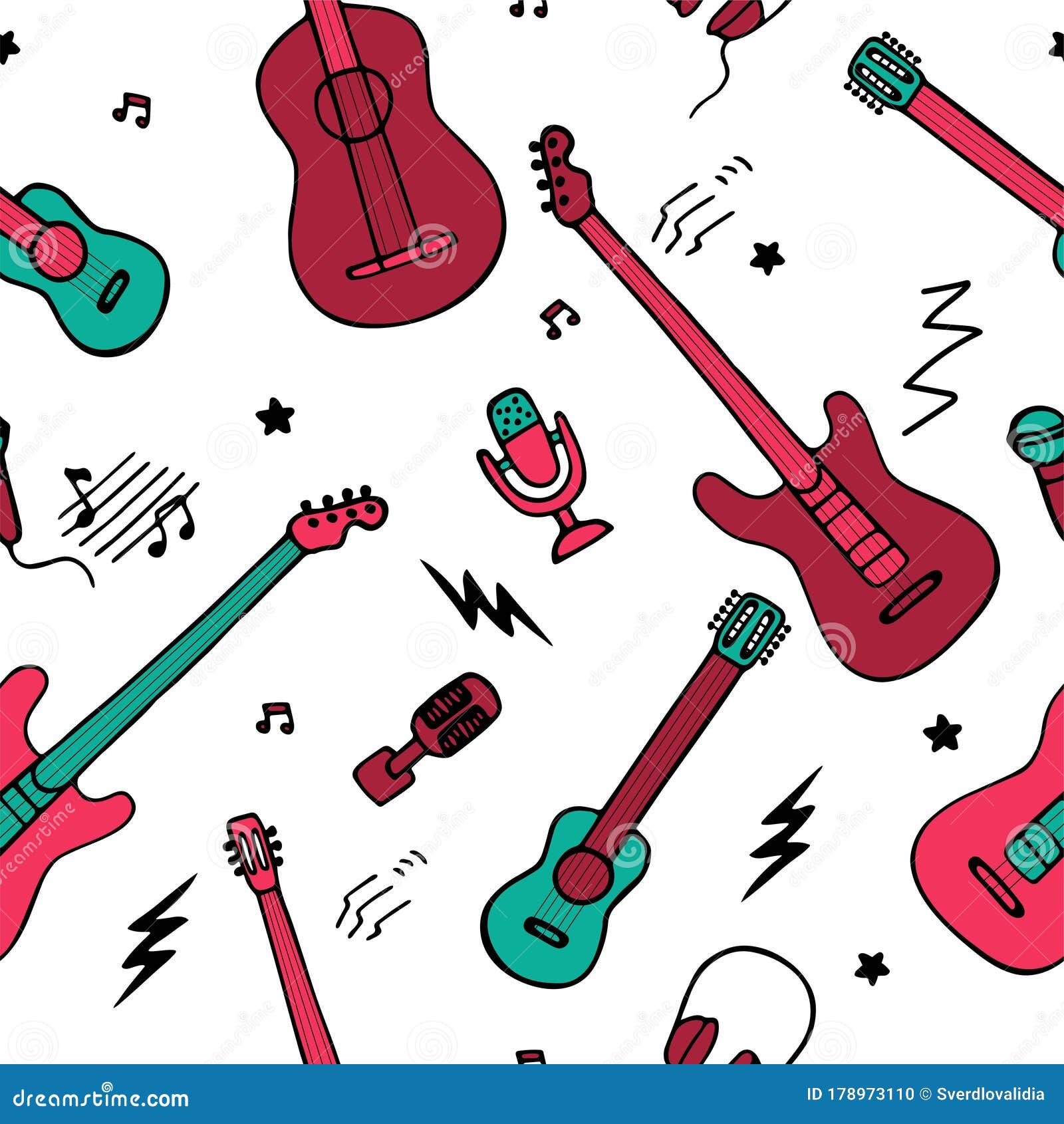 Musical Pattern. Hand-drawn Musical Instruments Icons. Seamless Texture ...