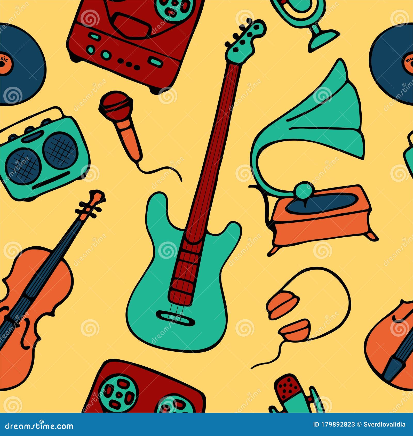 Musical Pattern. Hand-drawn Musical Instruments Icons. Seamless Texture ...