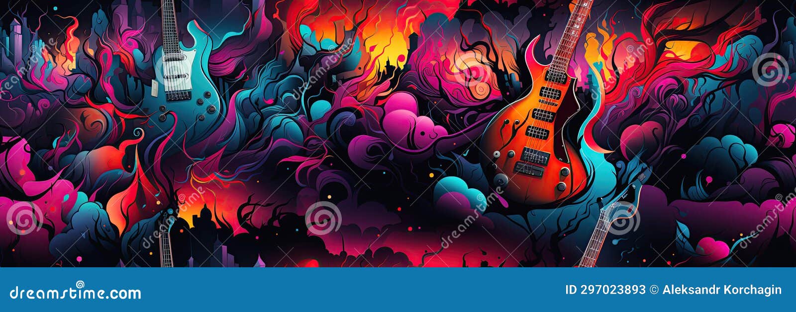 Musical Rock Seamless Pattern with Bright Guitars on Multicolored Black ...