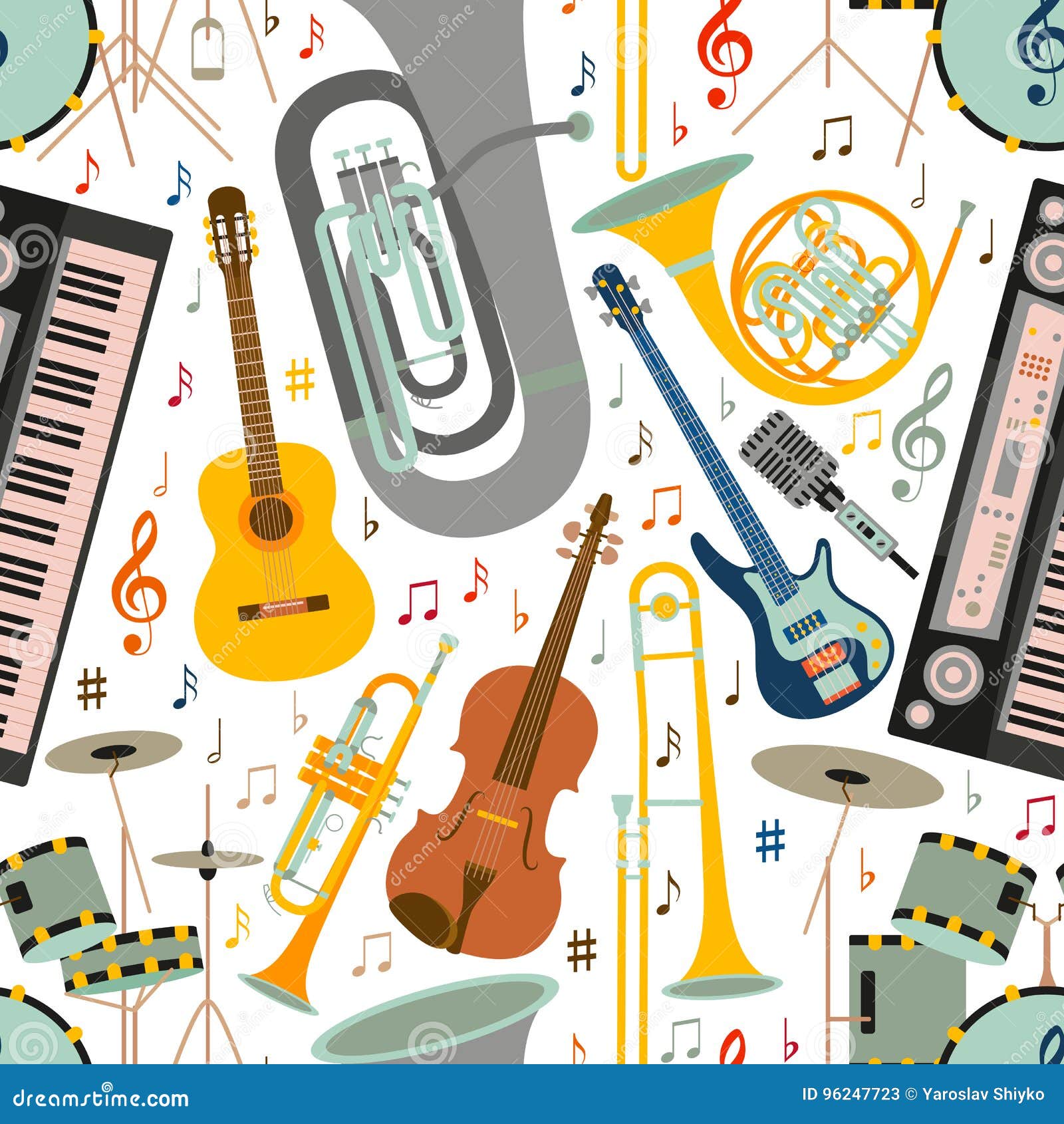 Musical Seamless Pattern Made of Different Musical Instruments, Treble ...
