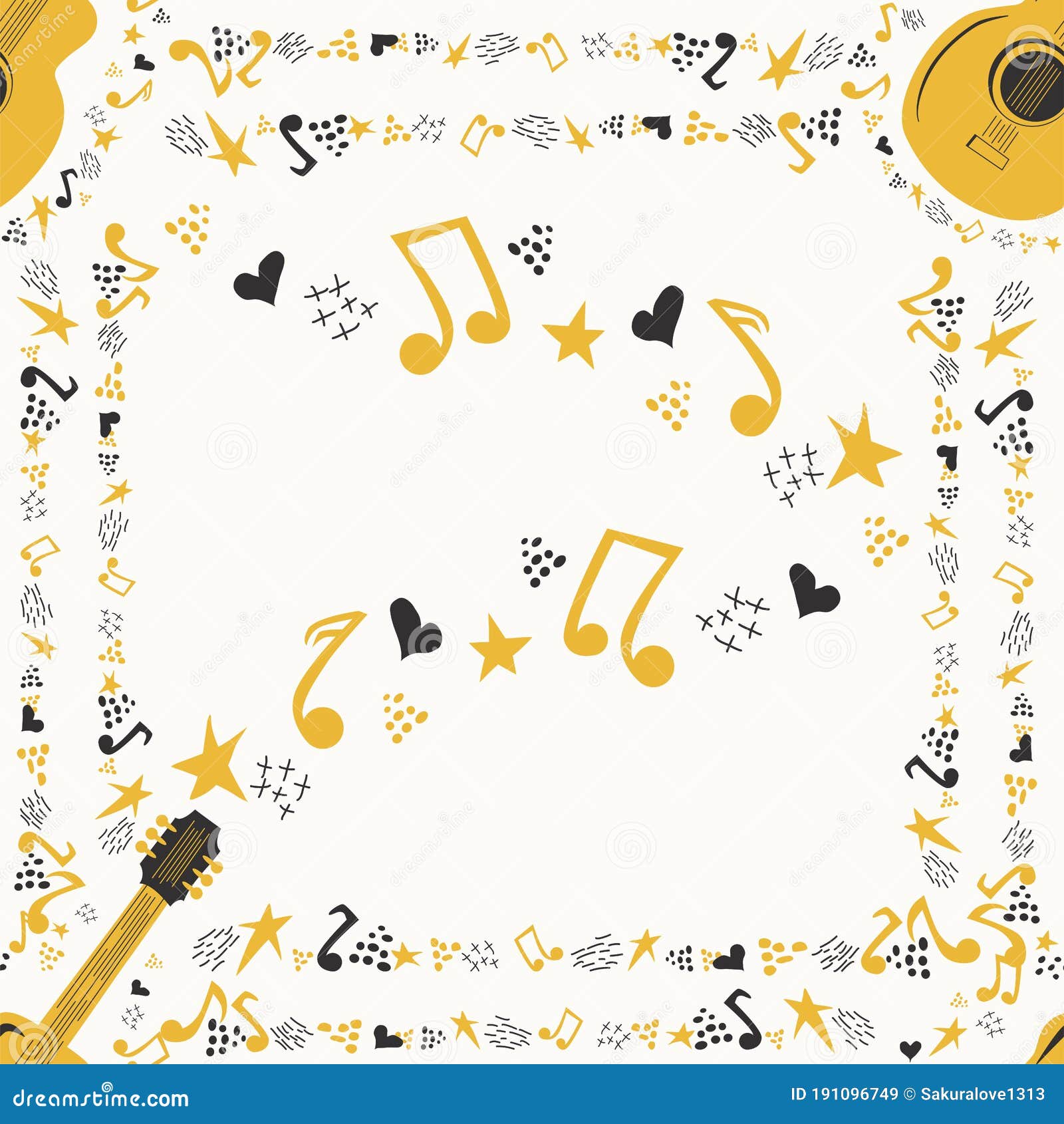 Musical Seamless Pattern with Music Notes, Guitar. Hand-drawn Country ...