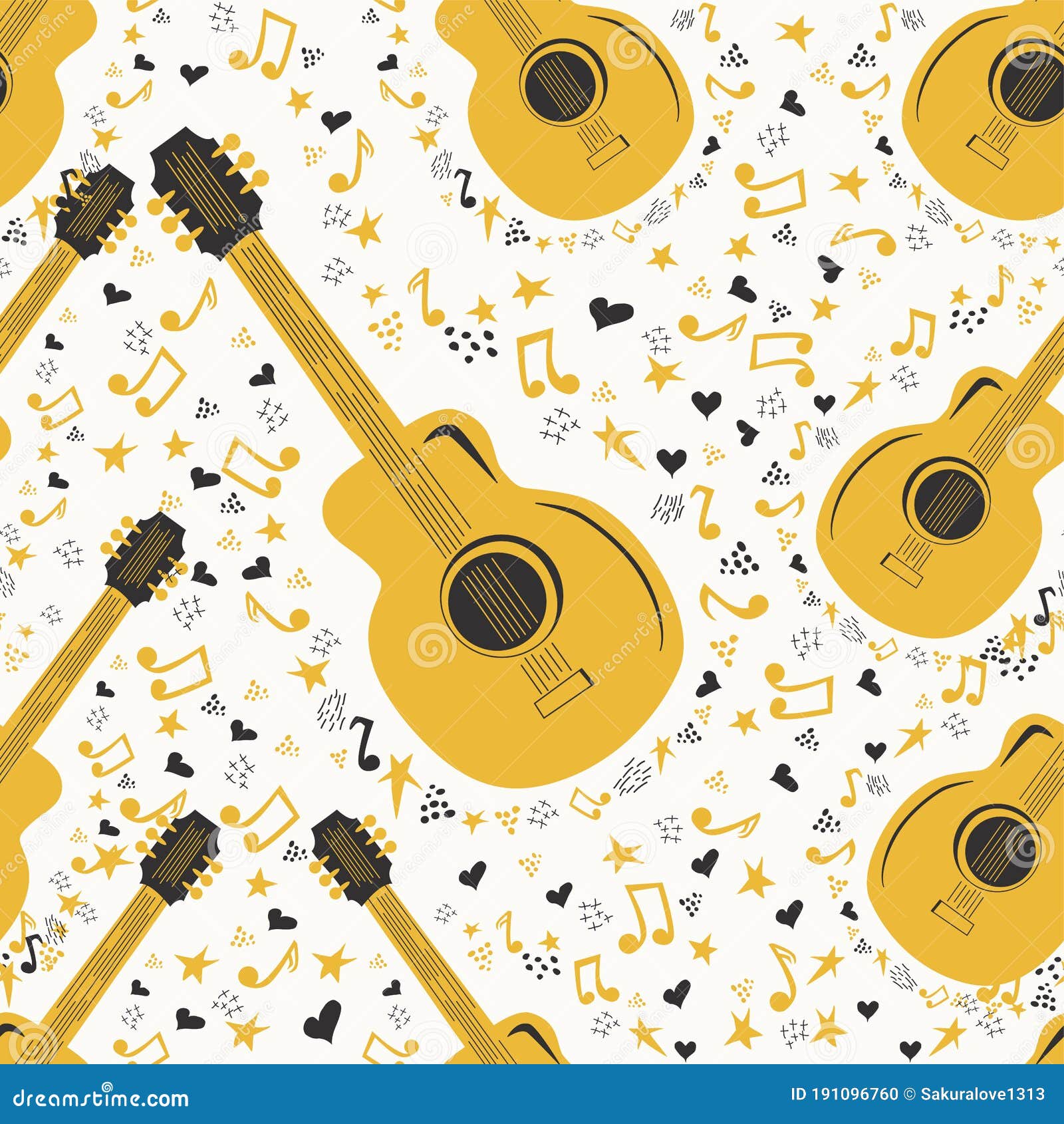 Musical Seamless Pattern with Music Notes, Guitar. Hand-drawn Country ...