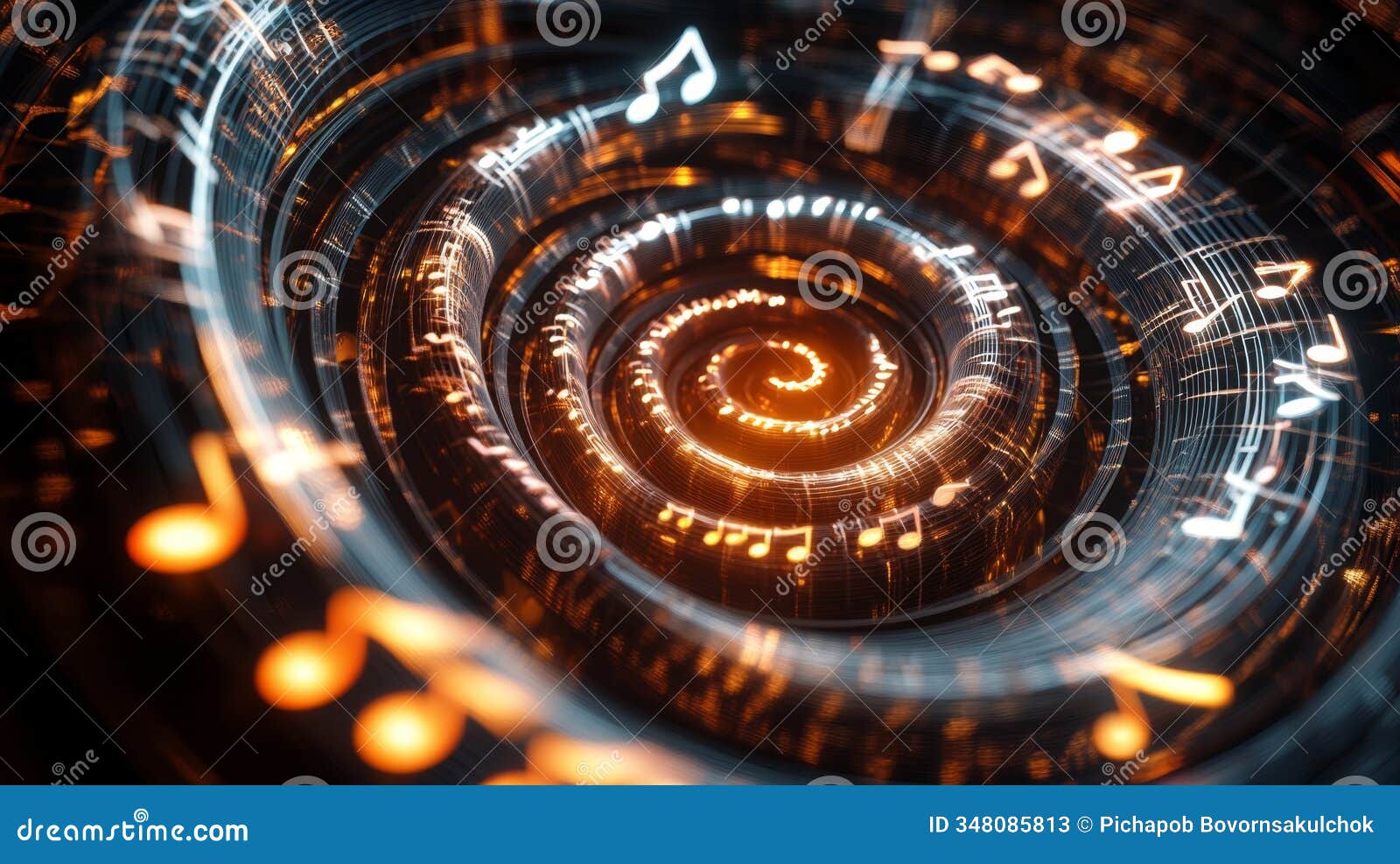Musical Spiral Design with Light and Abstract Note Patterns Stock Image ...