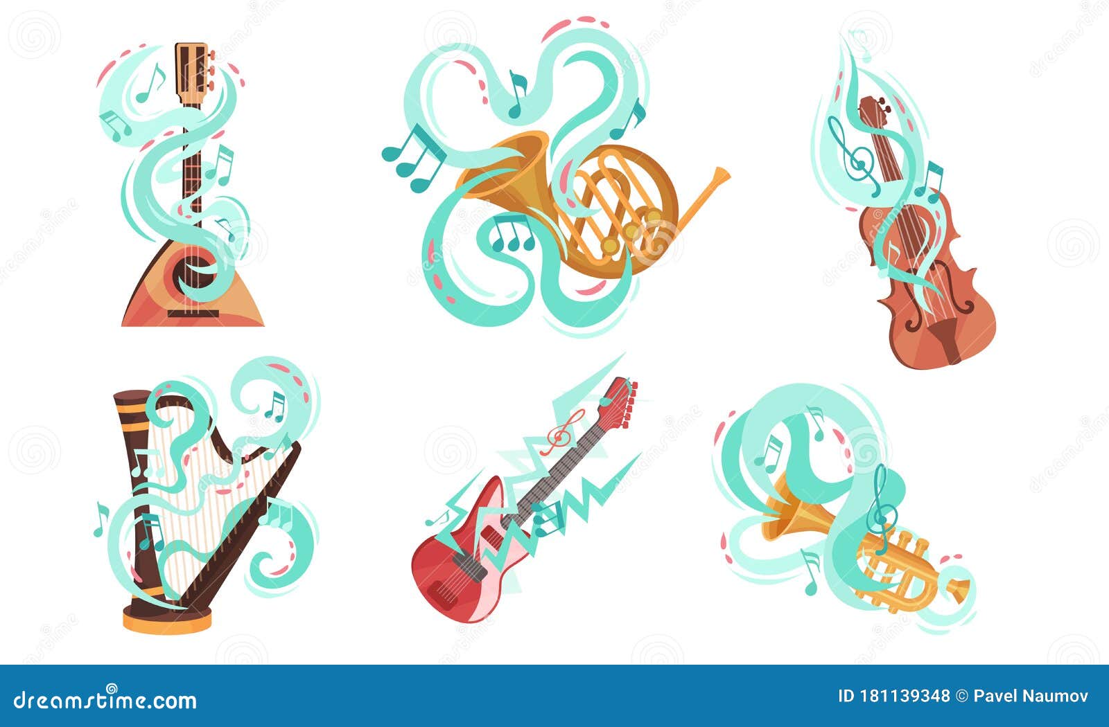 Musical Stringed Instruments In Cartoon Style Guitar, Violin, Balalaika ...