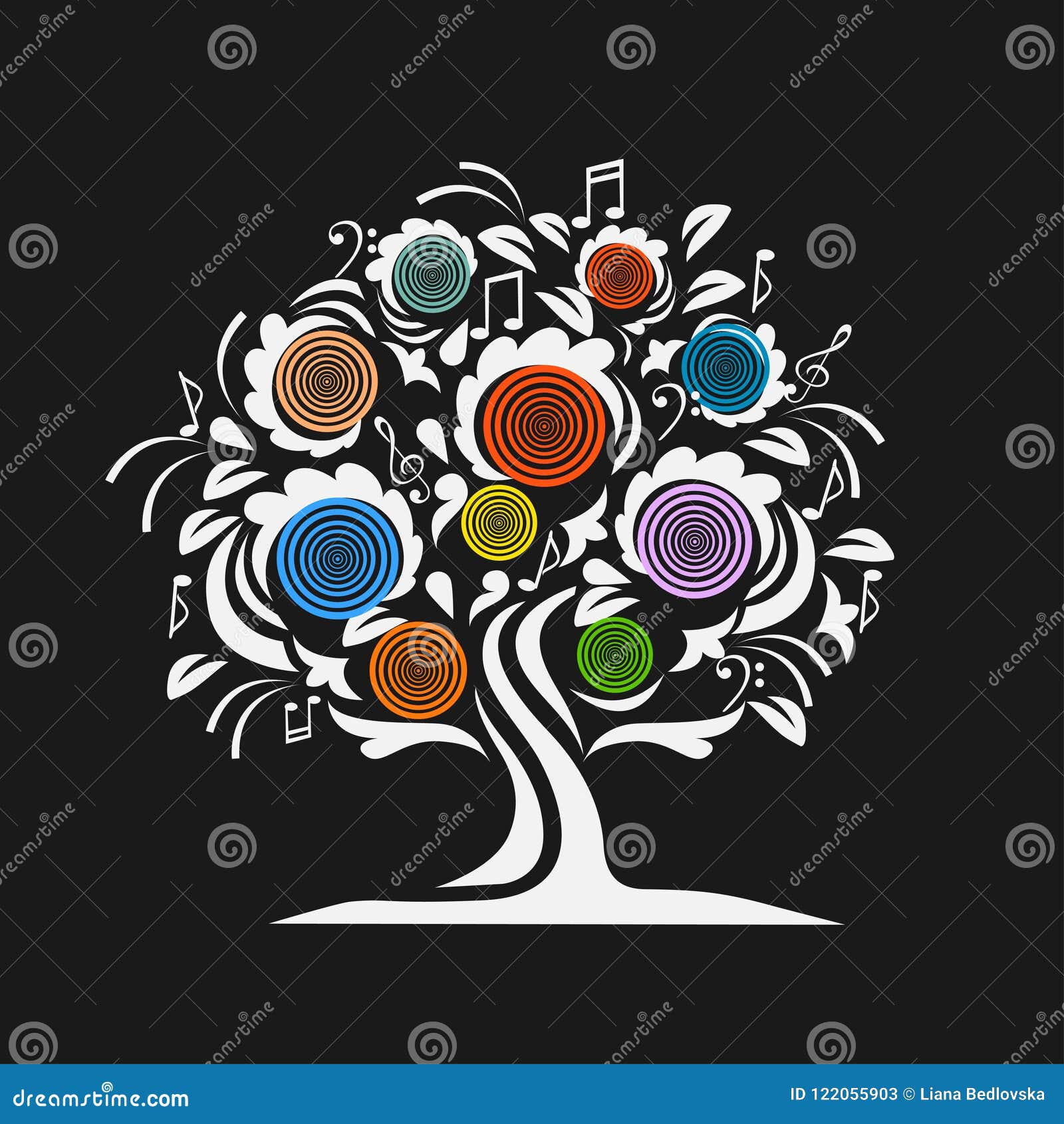 A Musical Tree with Curls and Notes Stock Vector - Illustration of ...