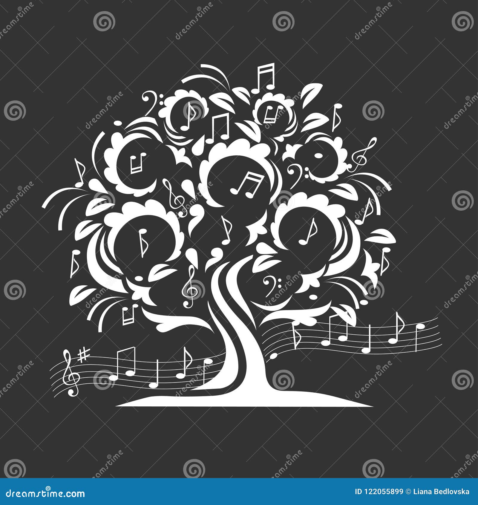 A Musical Tree with Curls and Notes Stock Vector - Illustration of ...