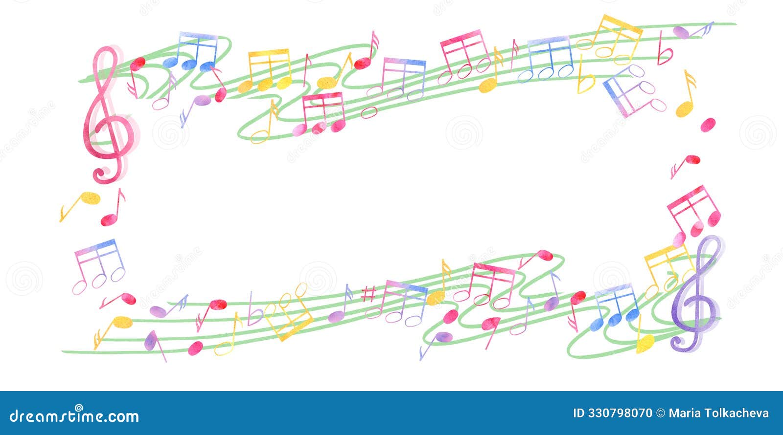 Musical Wave. Notes and Treble Clefs on Swirly Music Staff. Horizontal ...