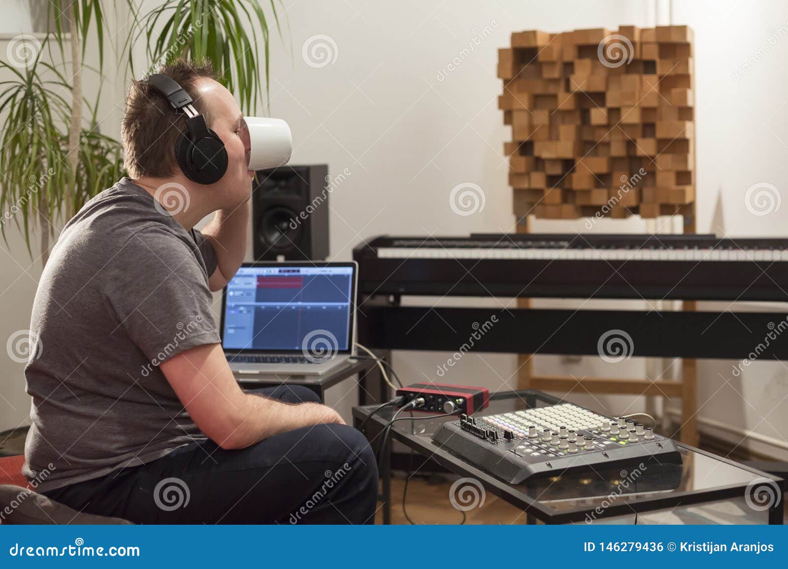 Musician Drinking Coffee in Home Music Studio Stock Photo - Image of ...