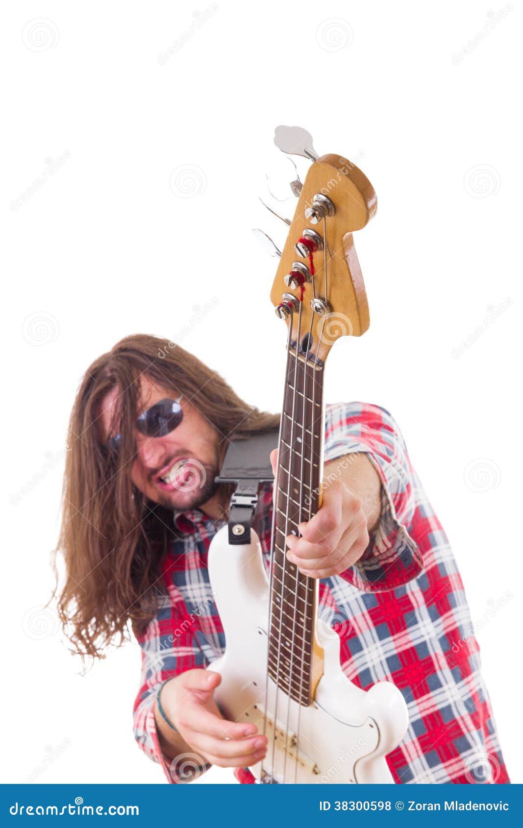 Musician with Face Expression Playing Electric Bass Guitar Stock Photo ...