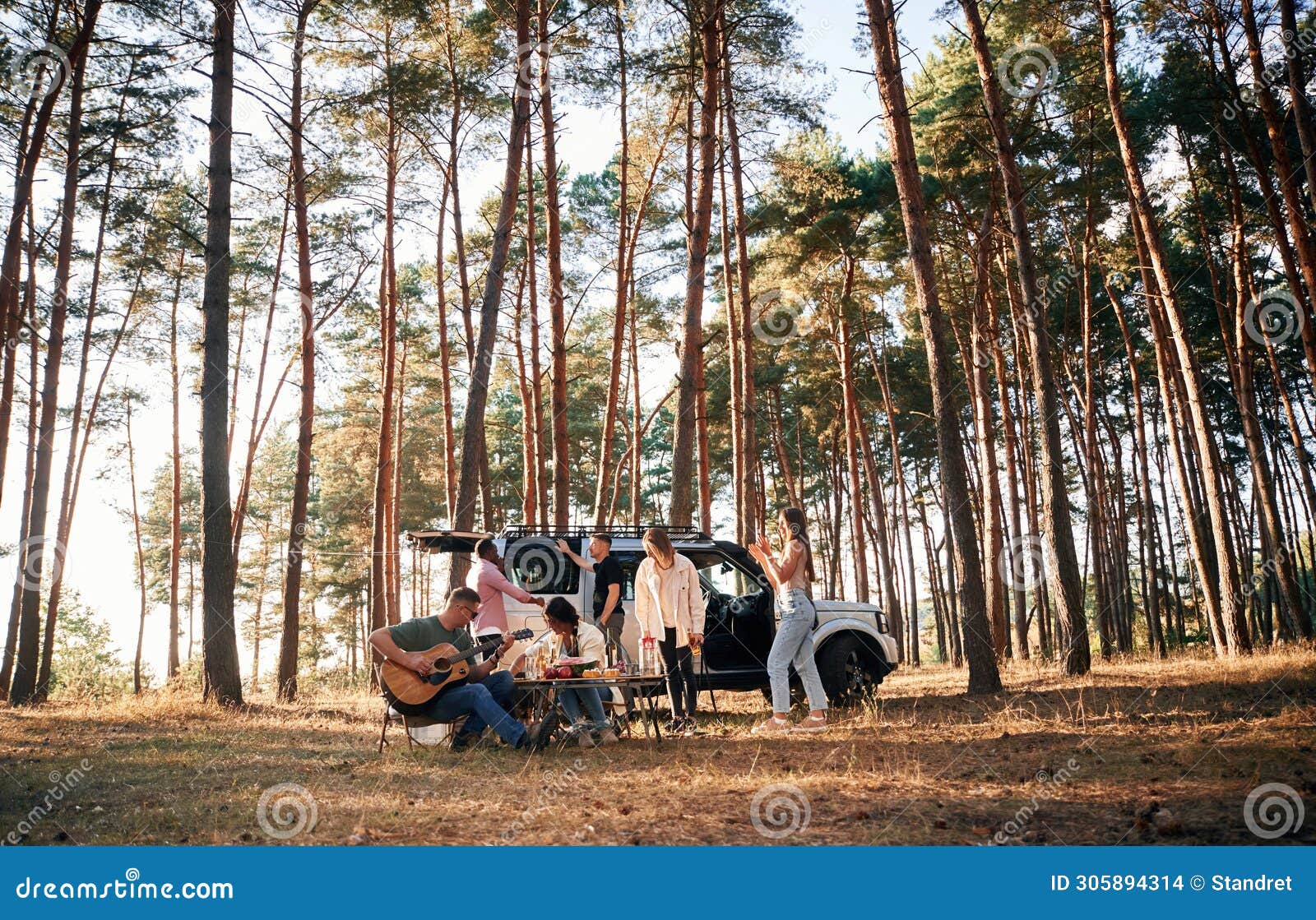 Musician Playing Guitar. Group of Friends are Together in the Forest ...