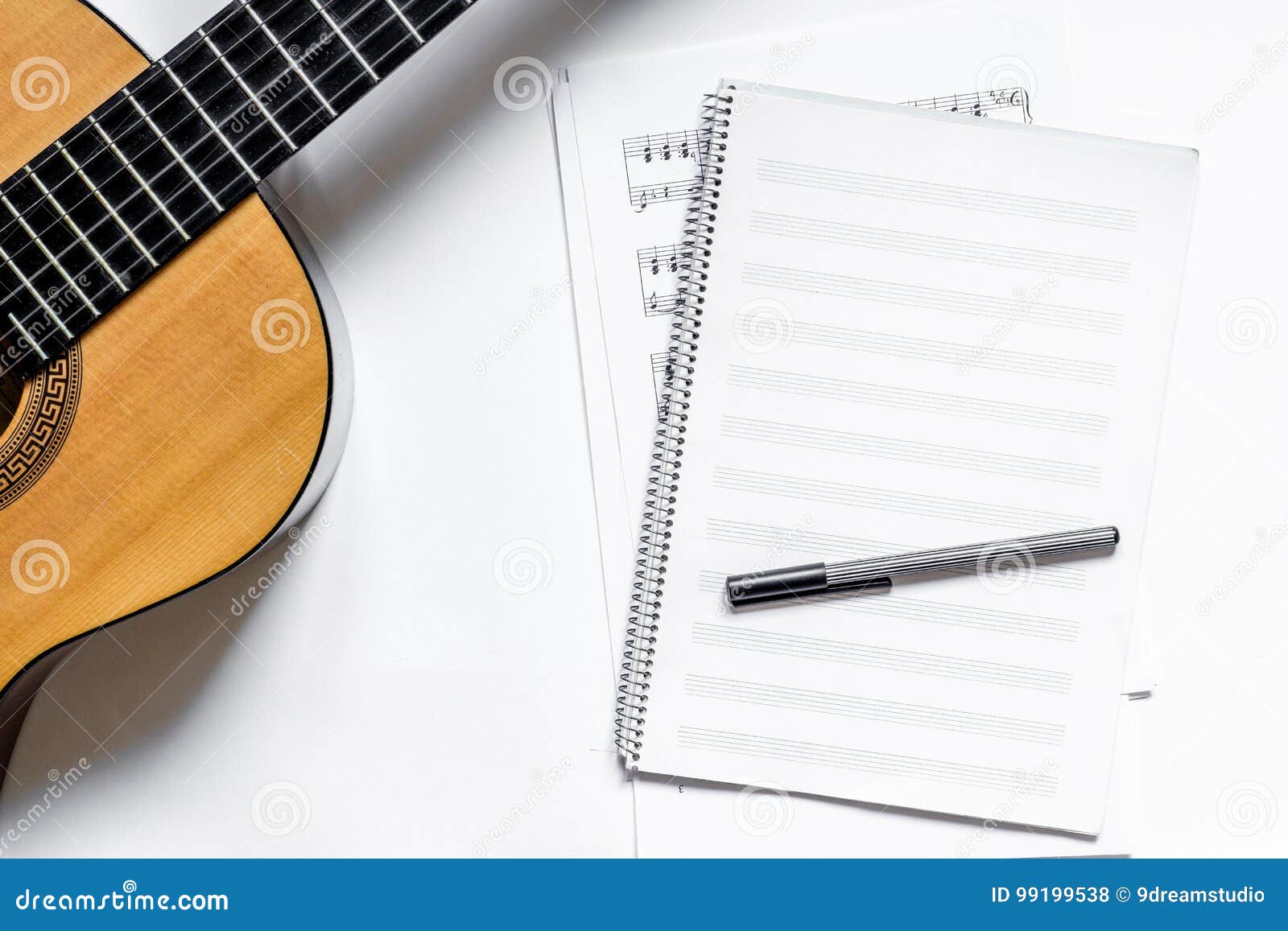 Musician Work Set with Blank Paper for Notes and Guitar White Table ...