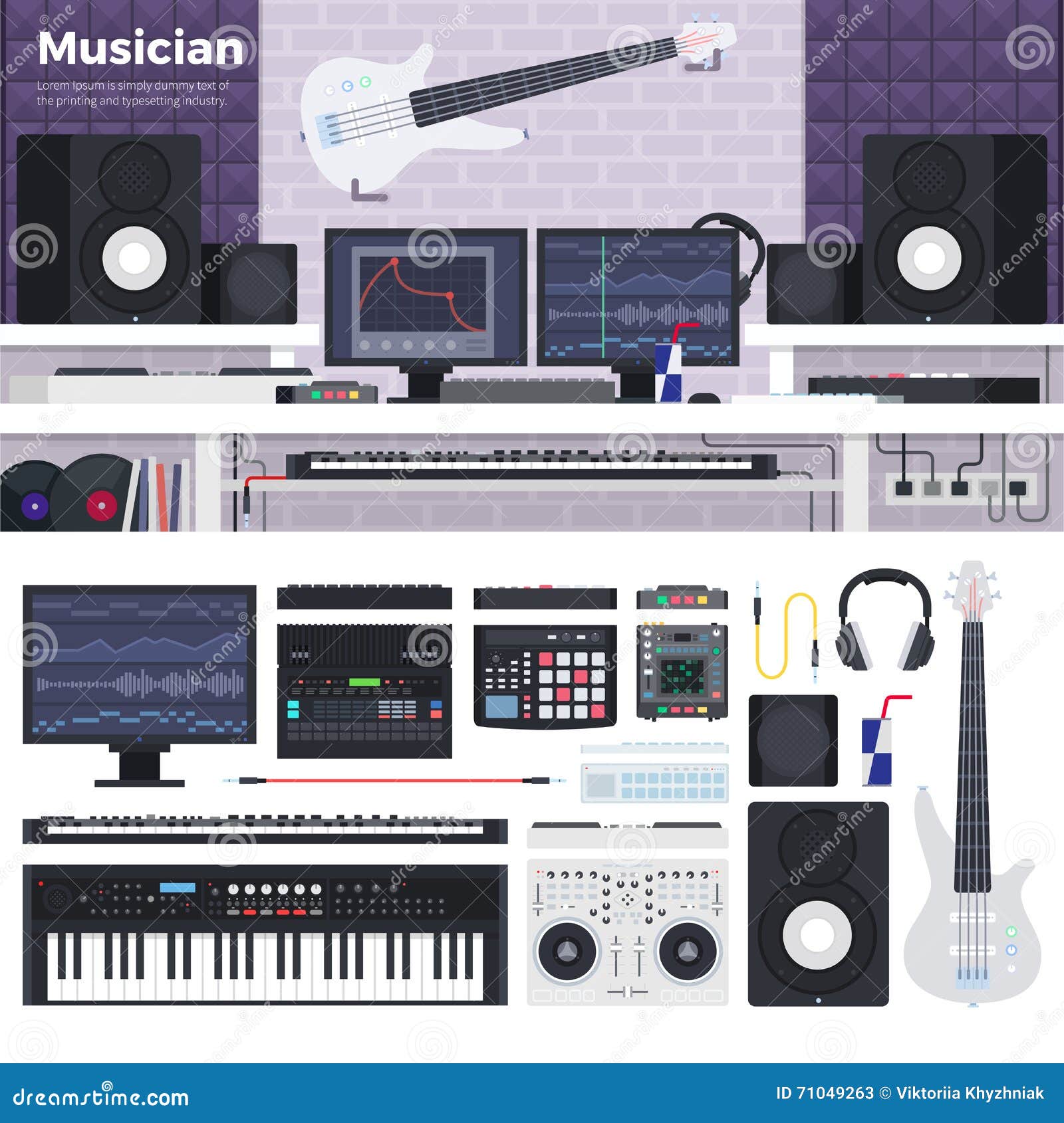 Musician Workspace with Musical Instruments Stock Vector - Illustration ...