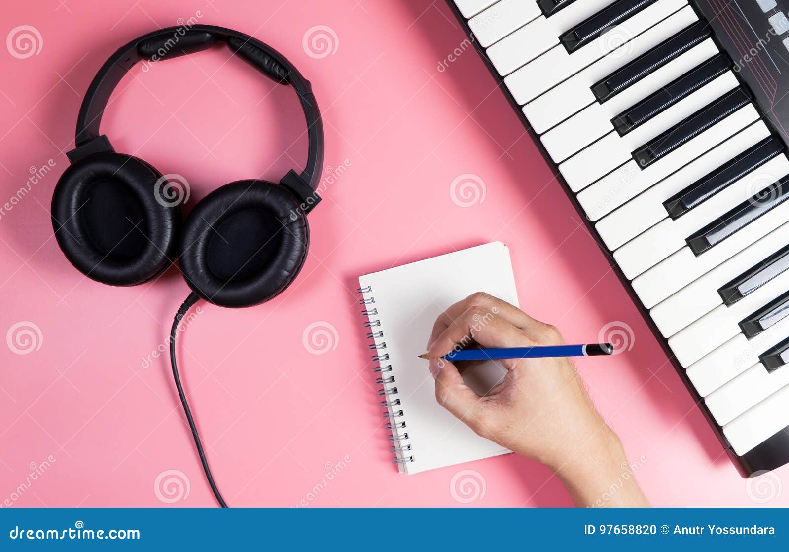 Musician is Writing on Notebook with Studio Pink Stock Photo - Image of ...