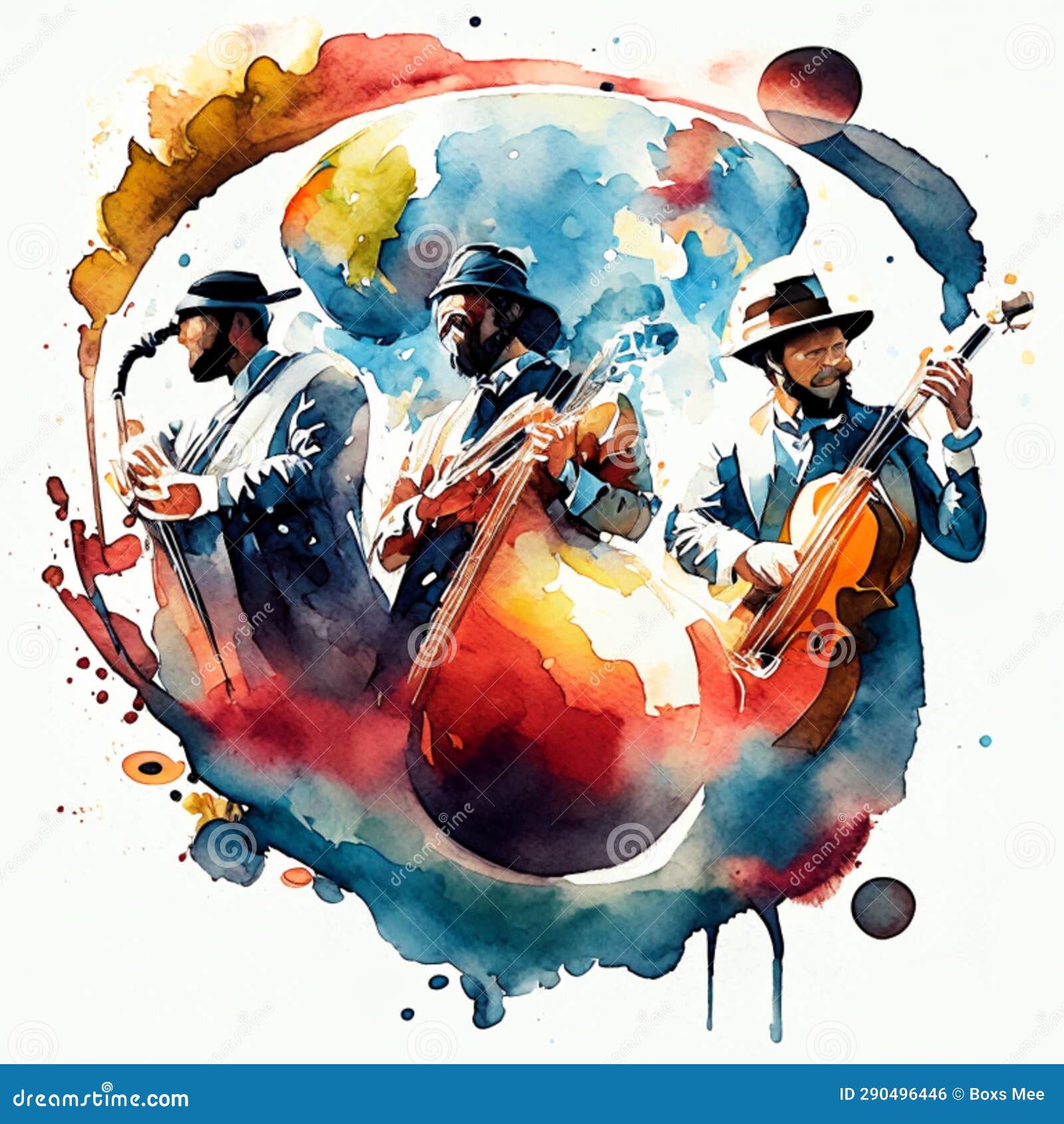 Musicians Playing Musical Instruments. Hand Drawn Watercolor ...