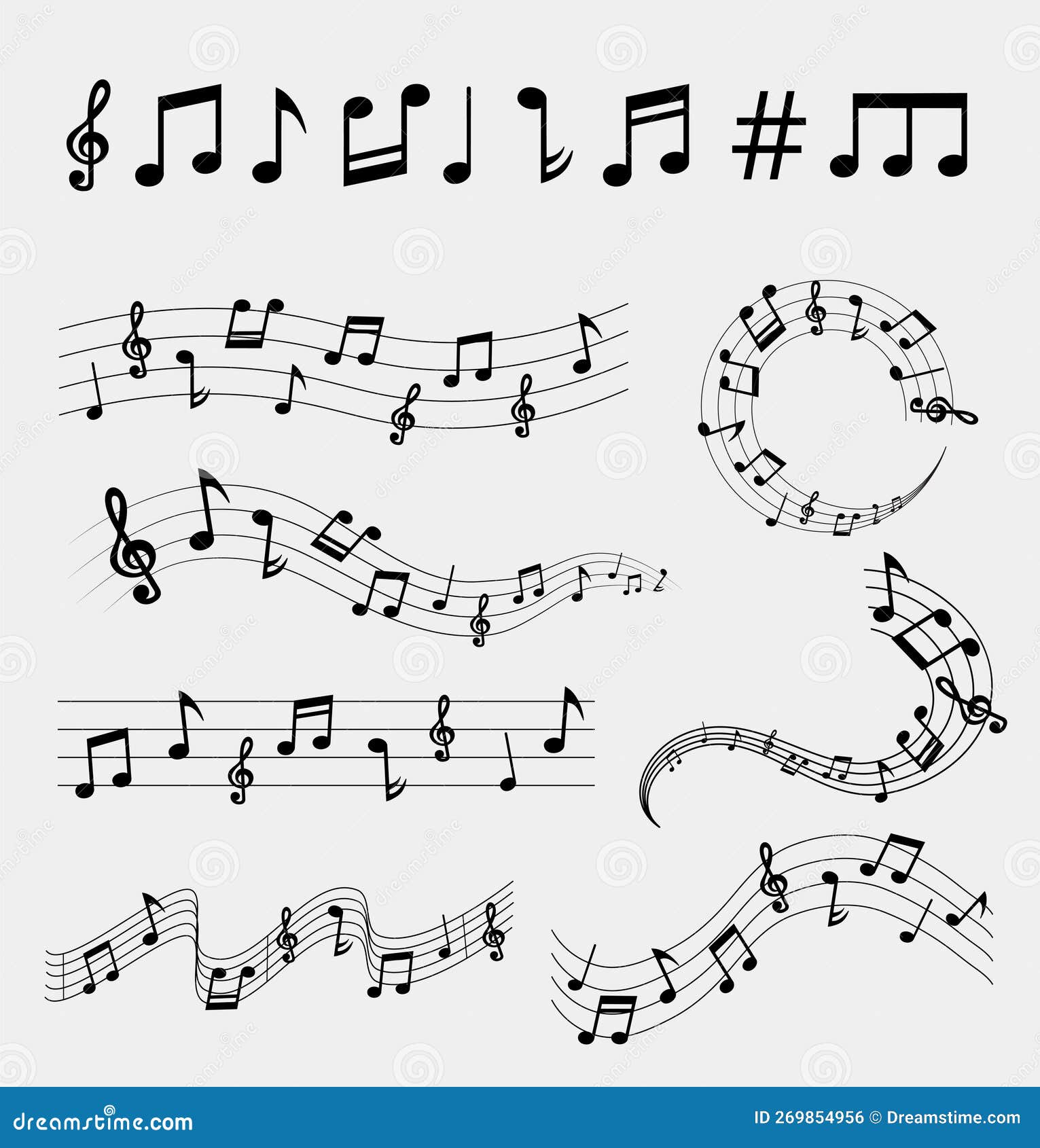 Music Notes on Lines Collection. Musical Chords with Curves and Swirls ...