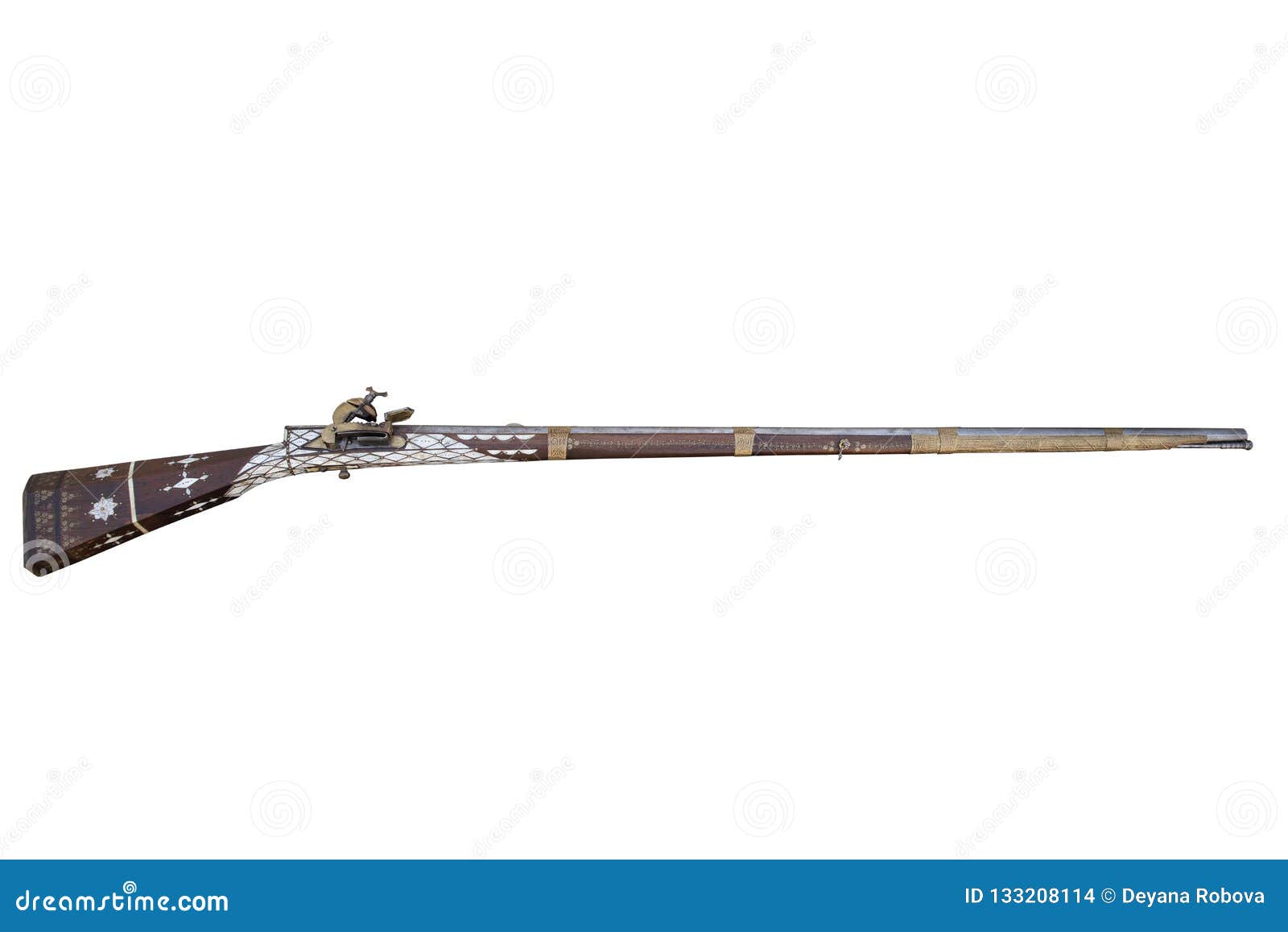 Musket Decorated with Bone and Brass. Flintlock Rifle. Stock Photo ...