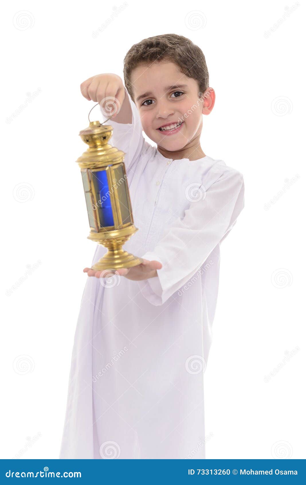 Muslim Boy in White Djellaba Celebrating Ramadan with Lantern Stock ...