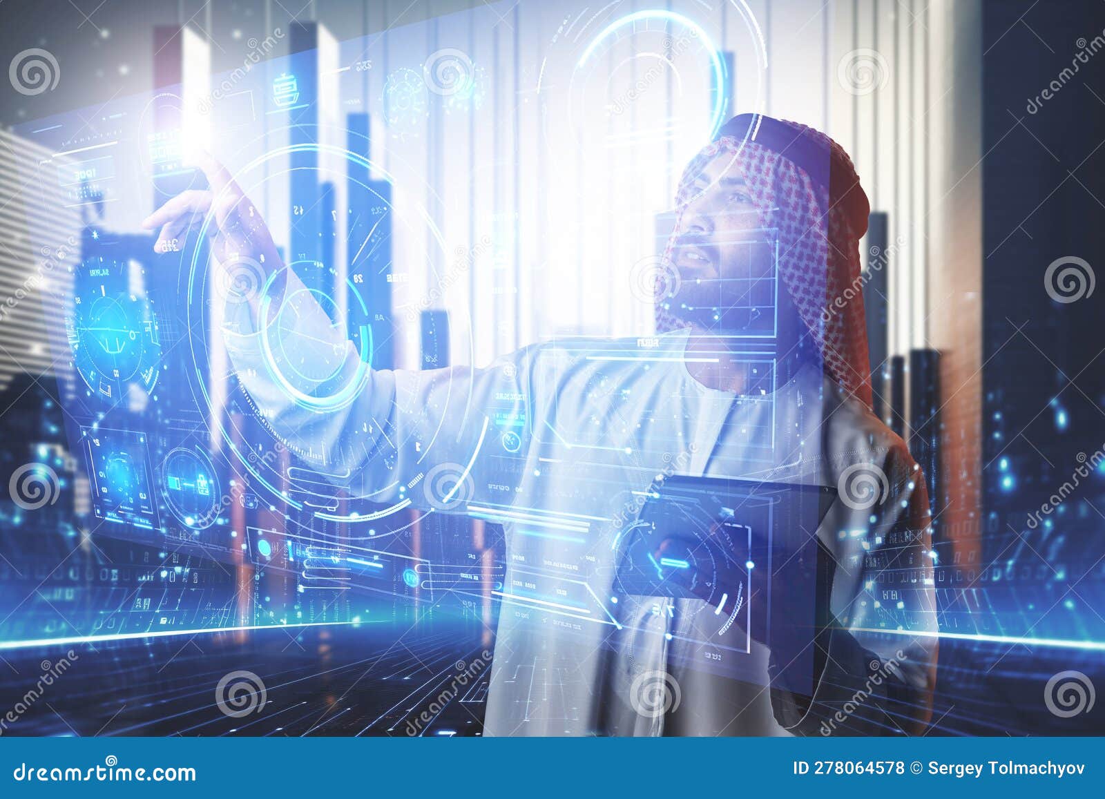 Muslim Businessman Working with Floating Data Visualization Screen ...