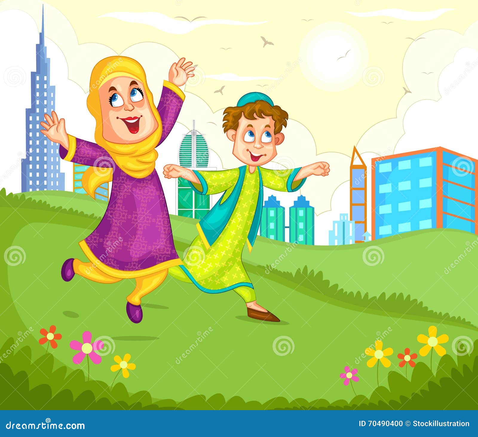 Muslim Children Playing in the Park Stock Vector - Illustration of ...