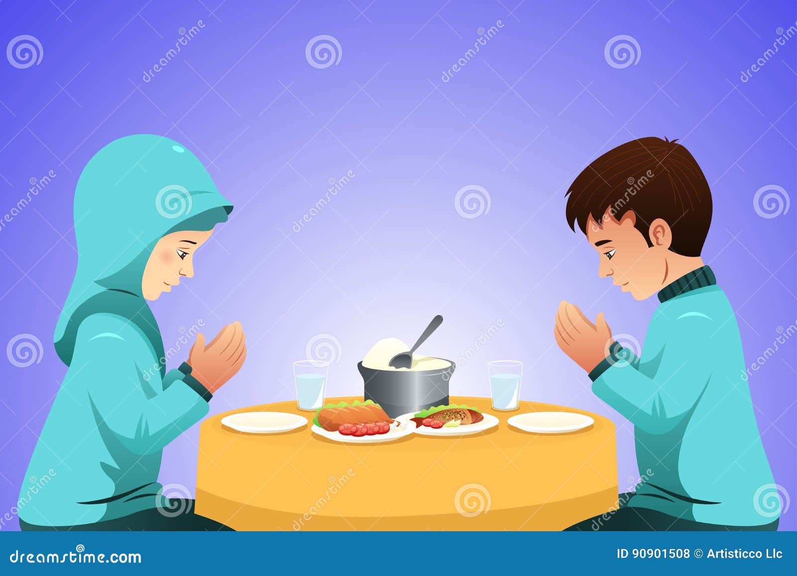 Muslim Couple Eating before Meal Stock Vector - Illustration of modern ...