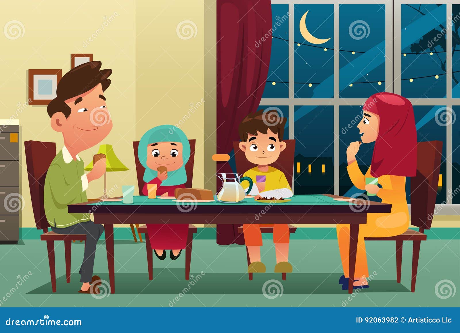 Muslim Family Eating Dinner at Home Stock Vector - Illustration of ...