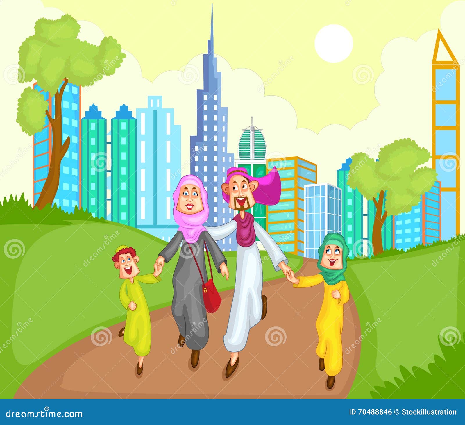 Muslim Family Running with Kid Stock Vector - Illustration of cheerful ...