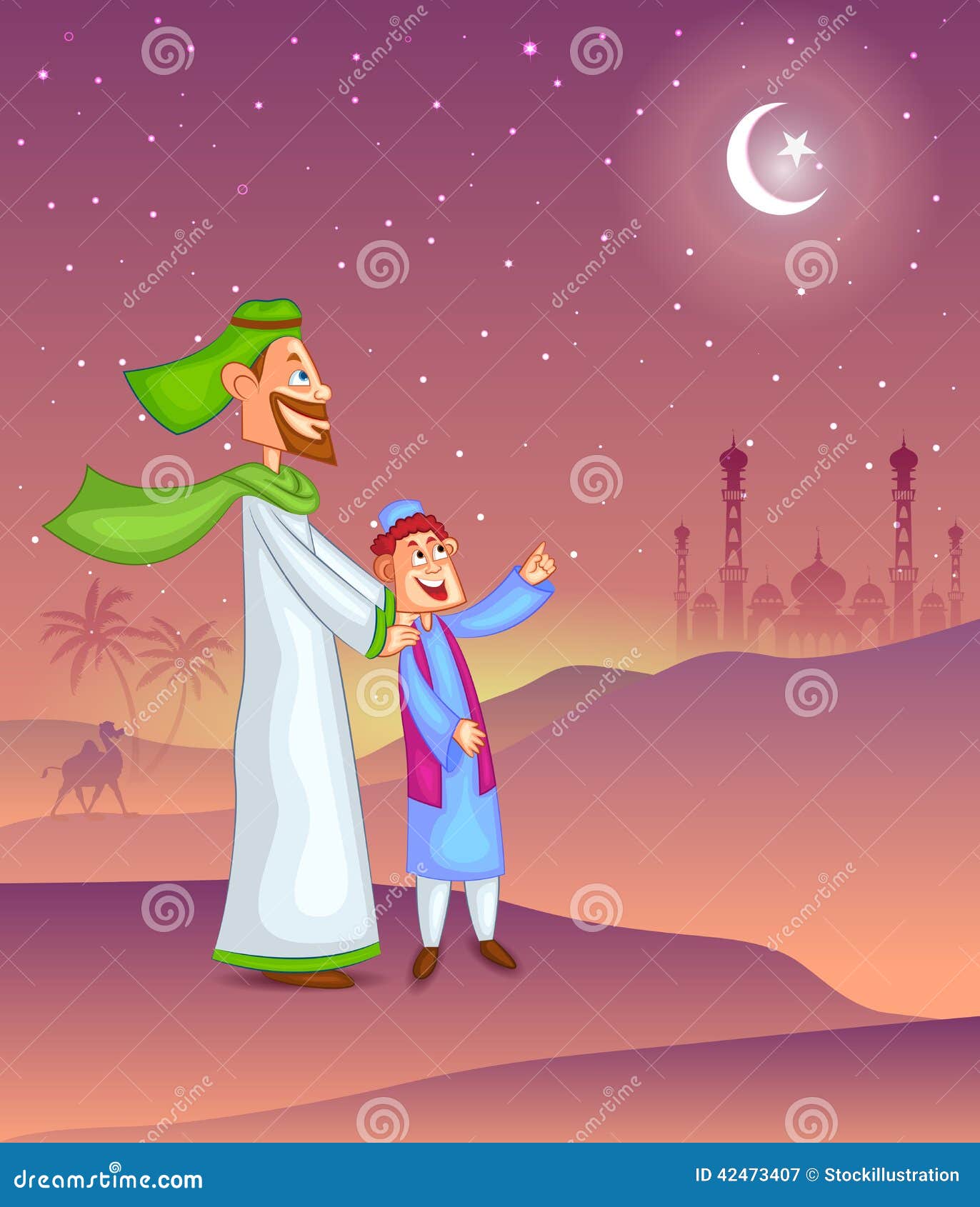 Muslim Family Watching Moon of Eid Stock Vector - Illustration of ...
