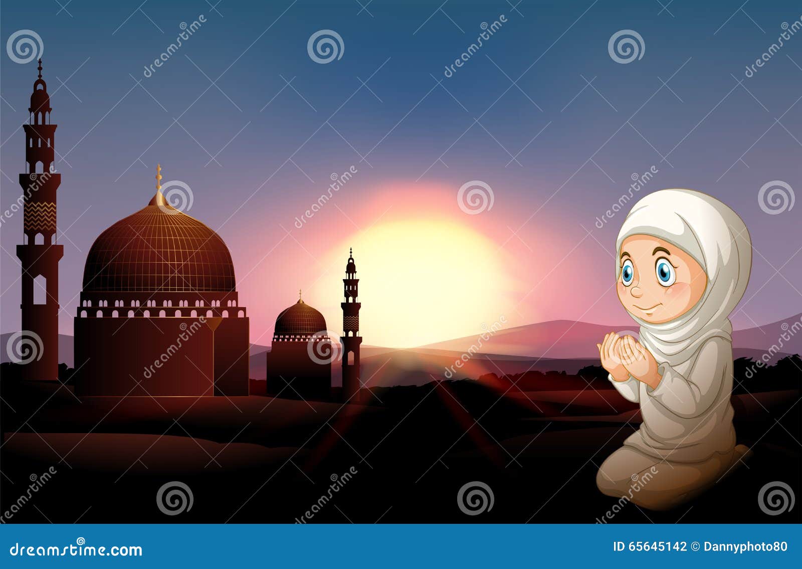 Muslim Girl Praying at the Mosque Stock Vector - Illustration of sunset ...
