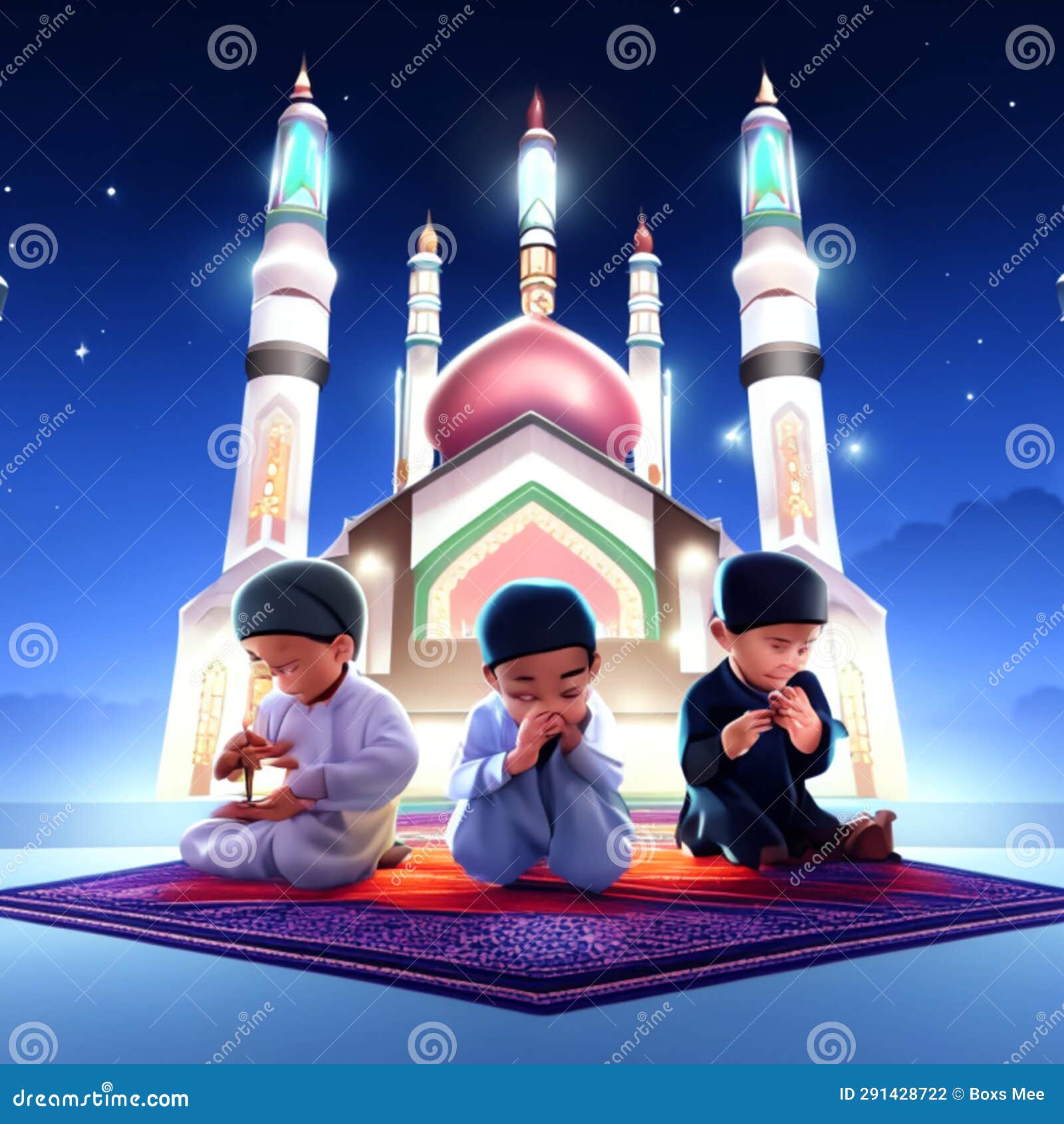 Muslim Kids Praying In Front Of Mosque At Night. Ramadan Kareem ... Muslim Kids Praying In Front Of Mosque At Night. Ramadan Kareem ...