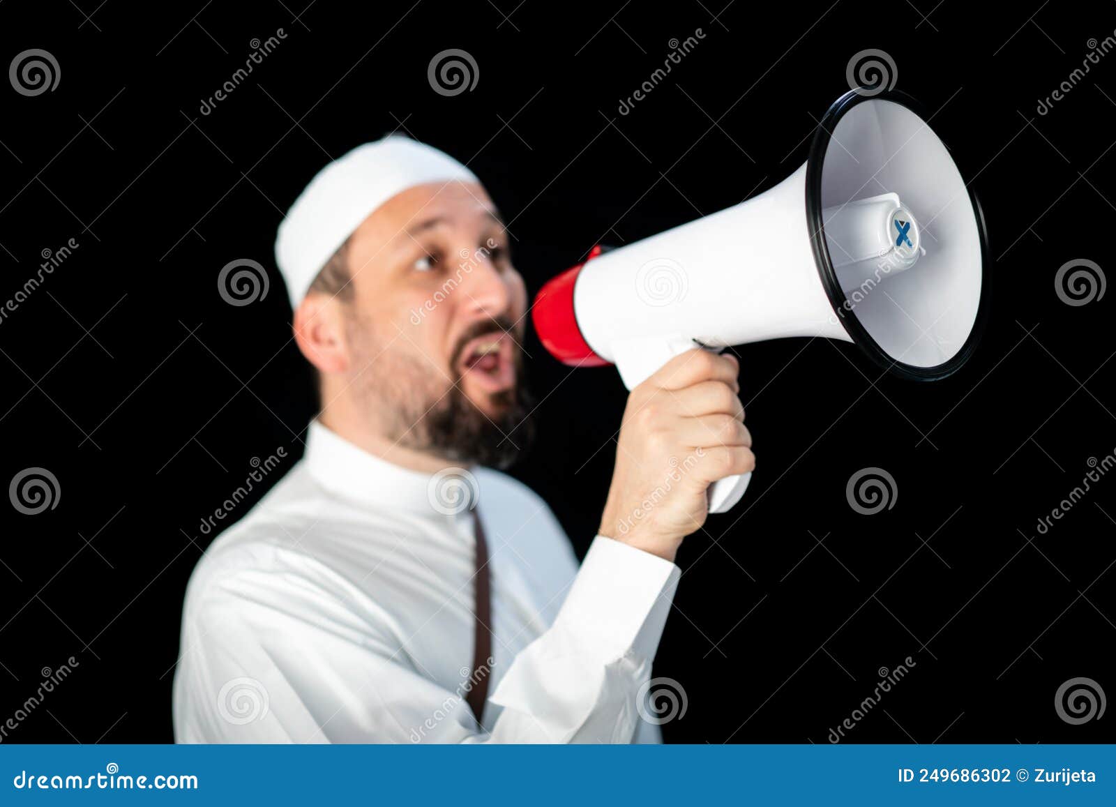 Muslim Man with Beard Shouting through Megaphone Calling for Hajj Stock ...