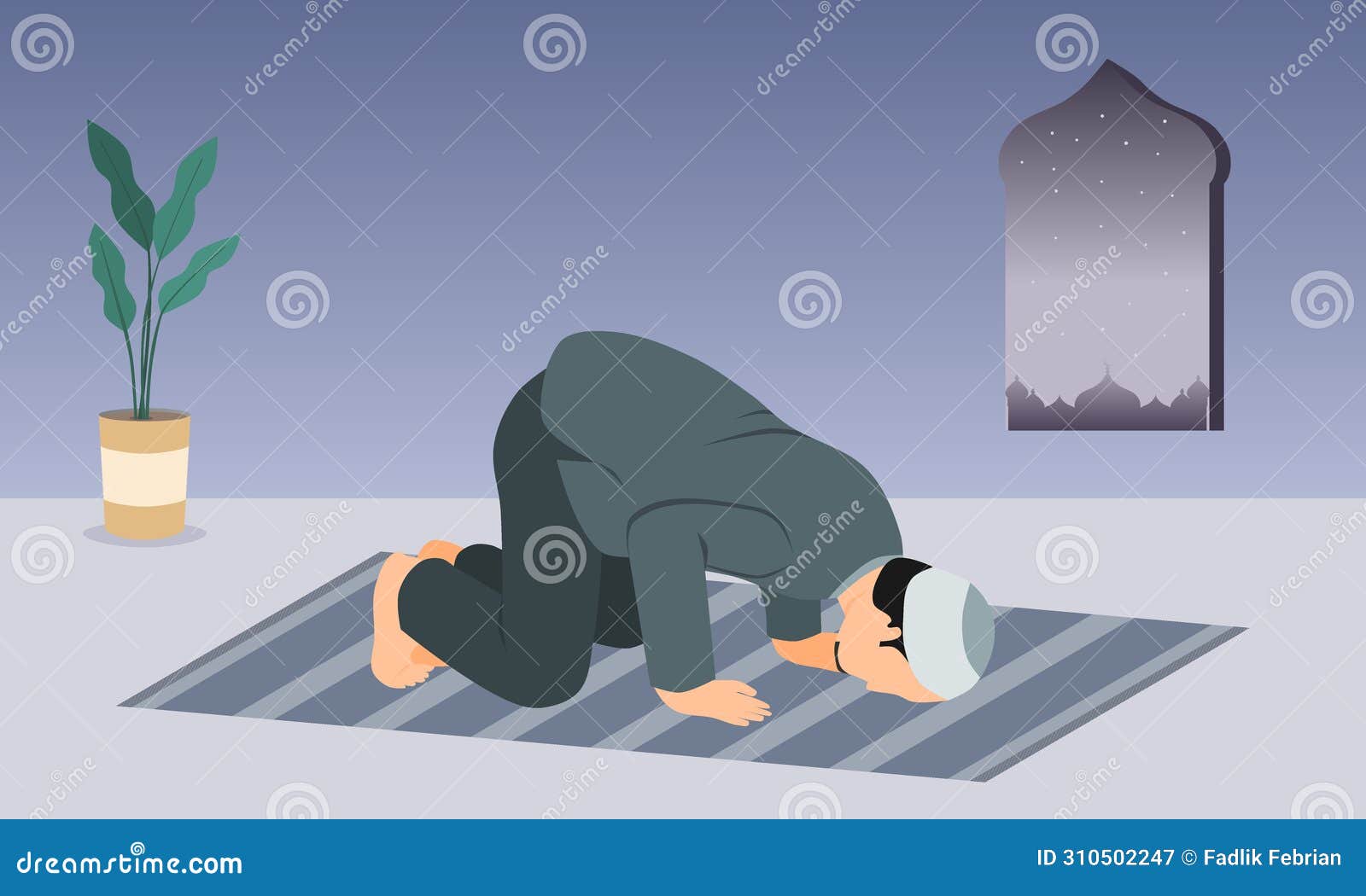 A Muslim Man In Prostration Prayer Position On Prayer Mat At Night With ...