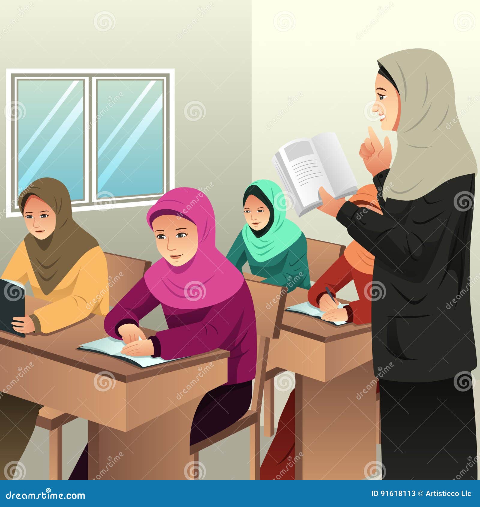 Muslim Students in a Classroom with Her Teacher Stock Vector ...