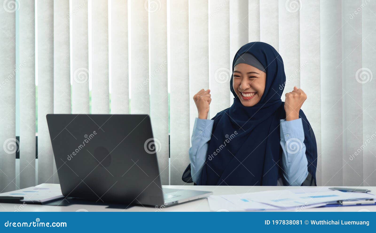 Muslim Woman is Doing a Happy Expression in Completing Her Goals Stock ...