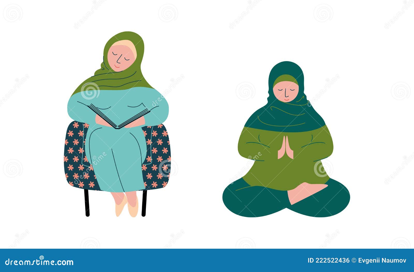 Muslim Woman In Hijab Reading Book And Worshiping Allah Vector Set